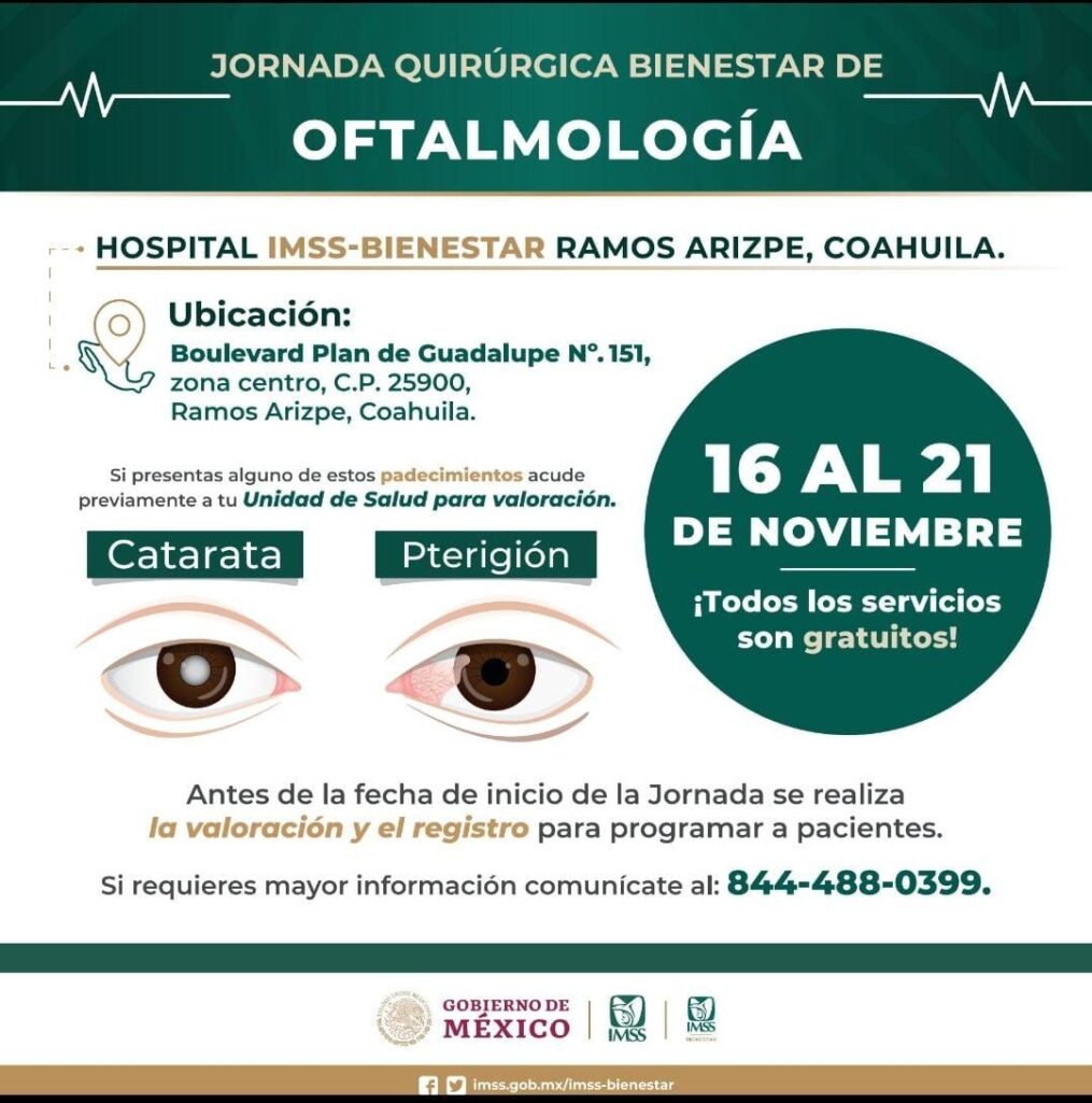 IMSS en Ramos Arizpe invita a participar en jornada quirúrgica gratuita de oftalmología